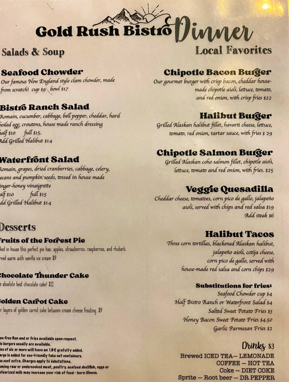 Menu at Gold Rush Bistro restaurant, Seward