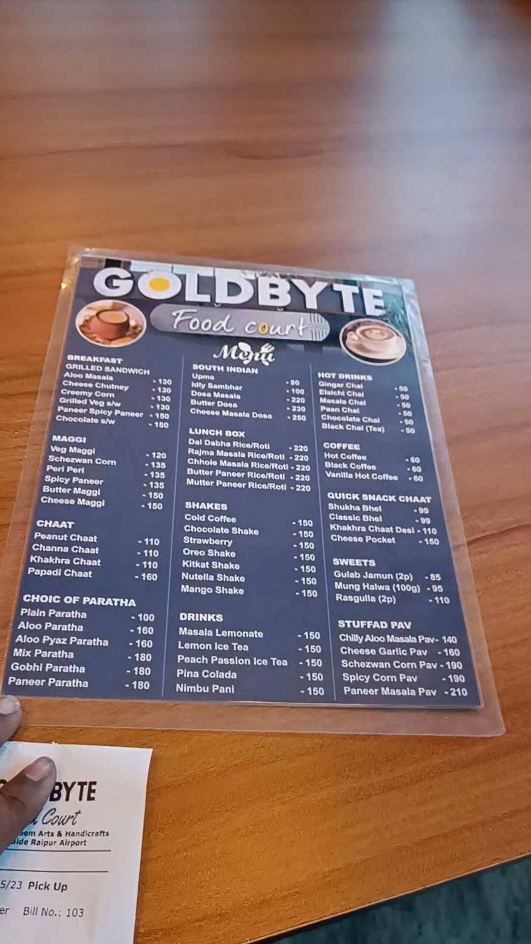 Menu at Goldbyte, Raipur