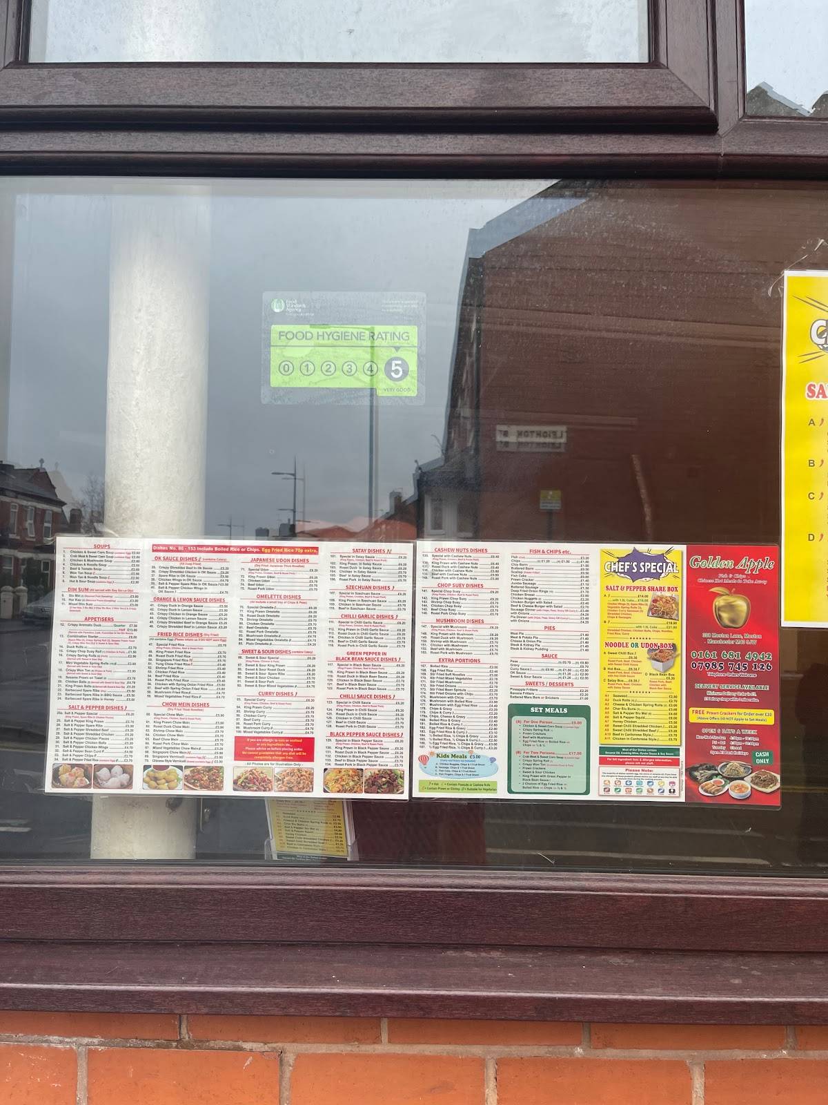 Menu at Golden Apple fast food, Manchester, 398 Moston Ln