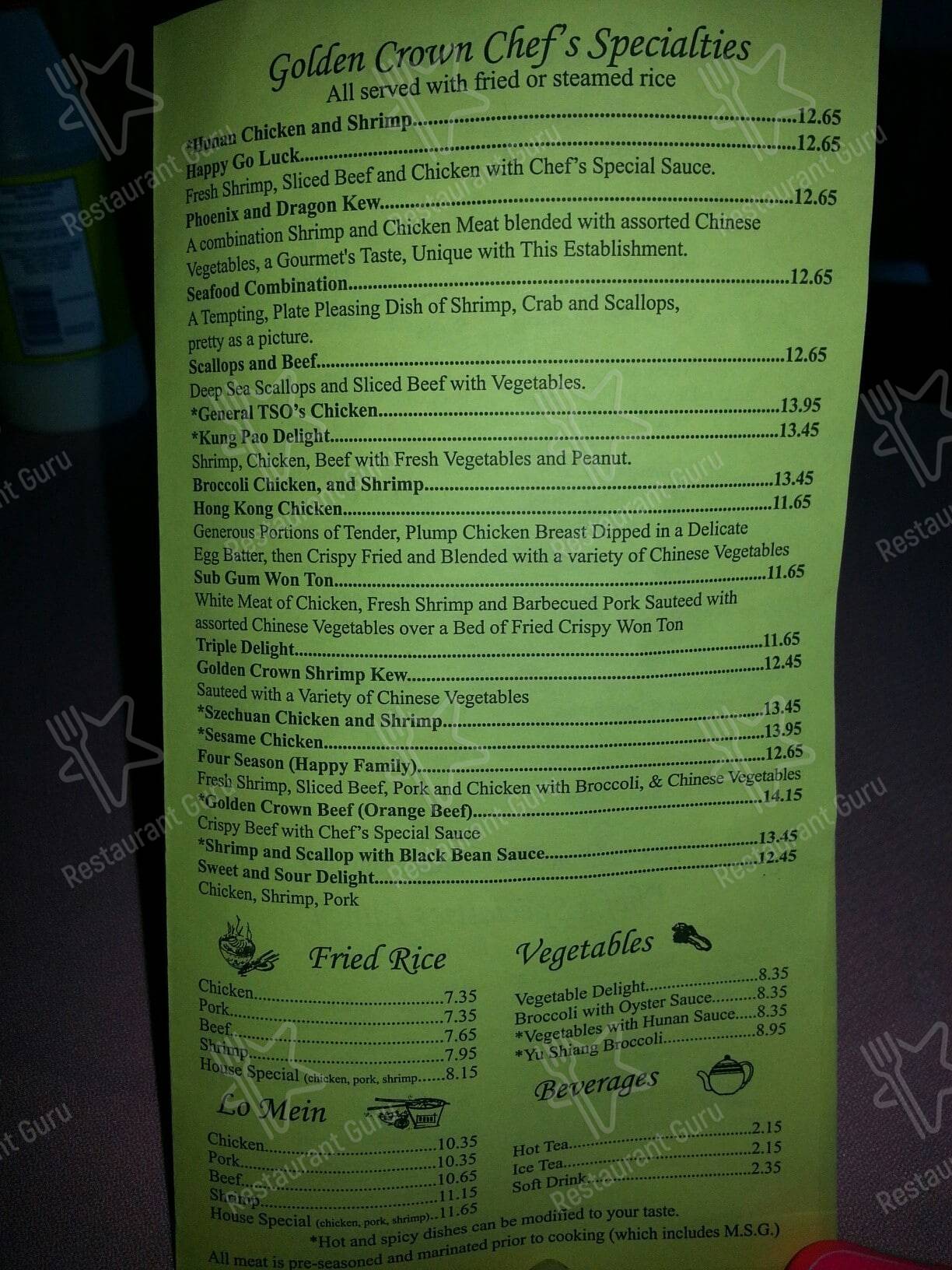 Menu at Golden Crown Inn restaurant, Corpus Christi, S Staples St