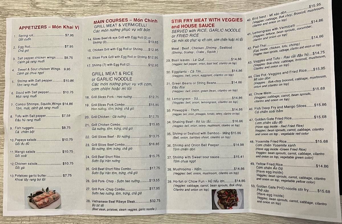 Menu at Golden Gate Pho restaurant, Oakley