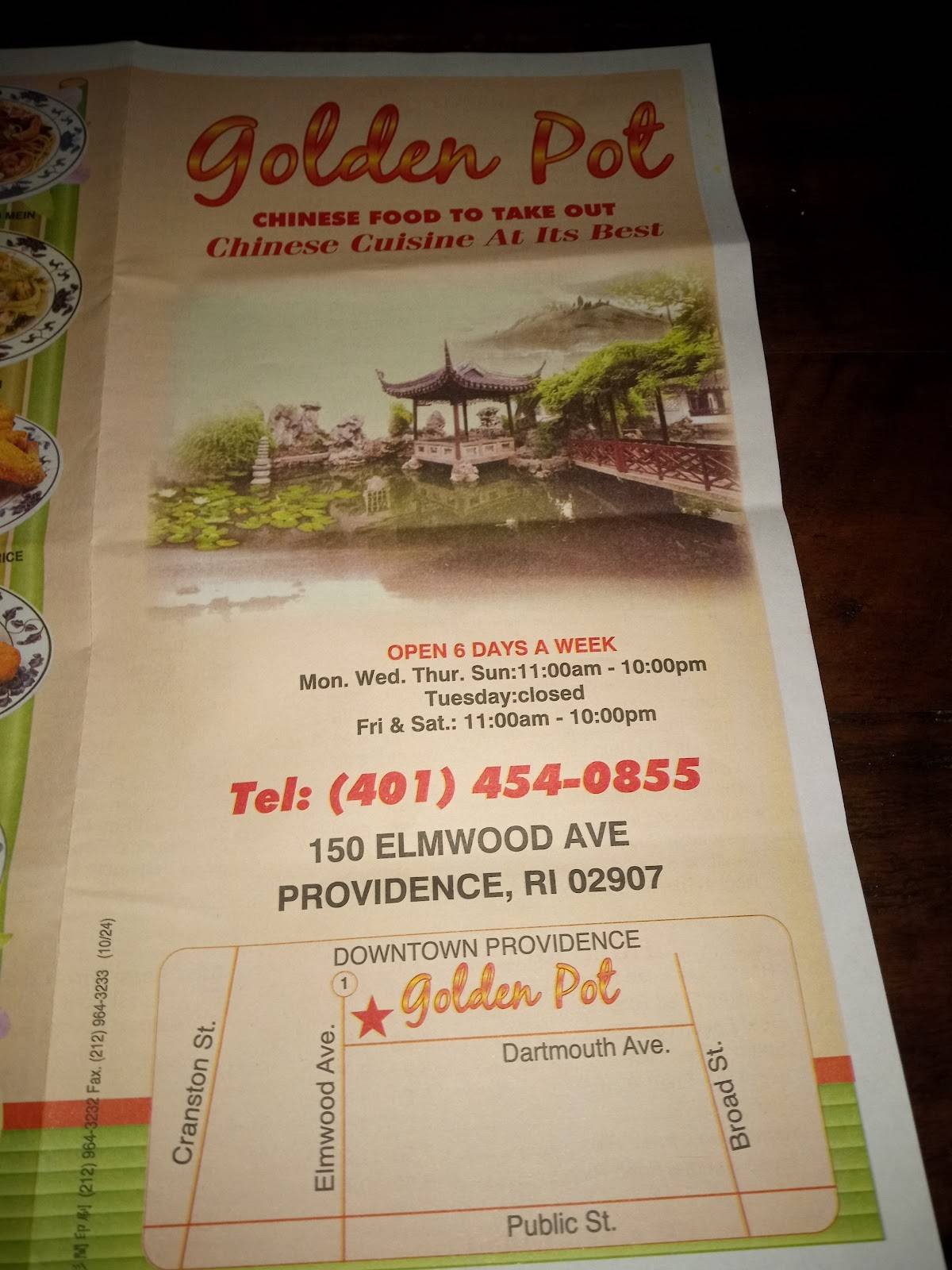 Menu at Golden Pot restaurant, Providence, 150 Elmwood Ave