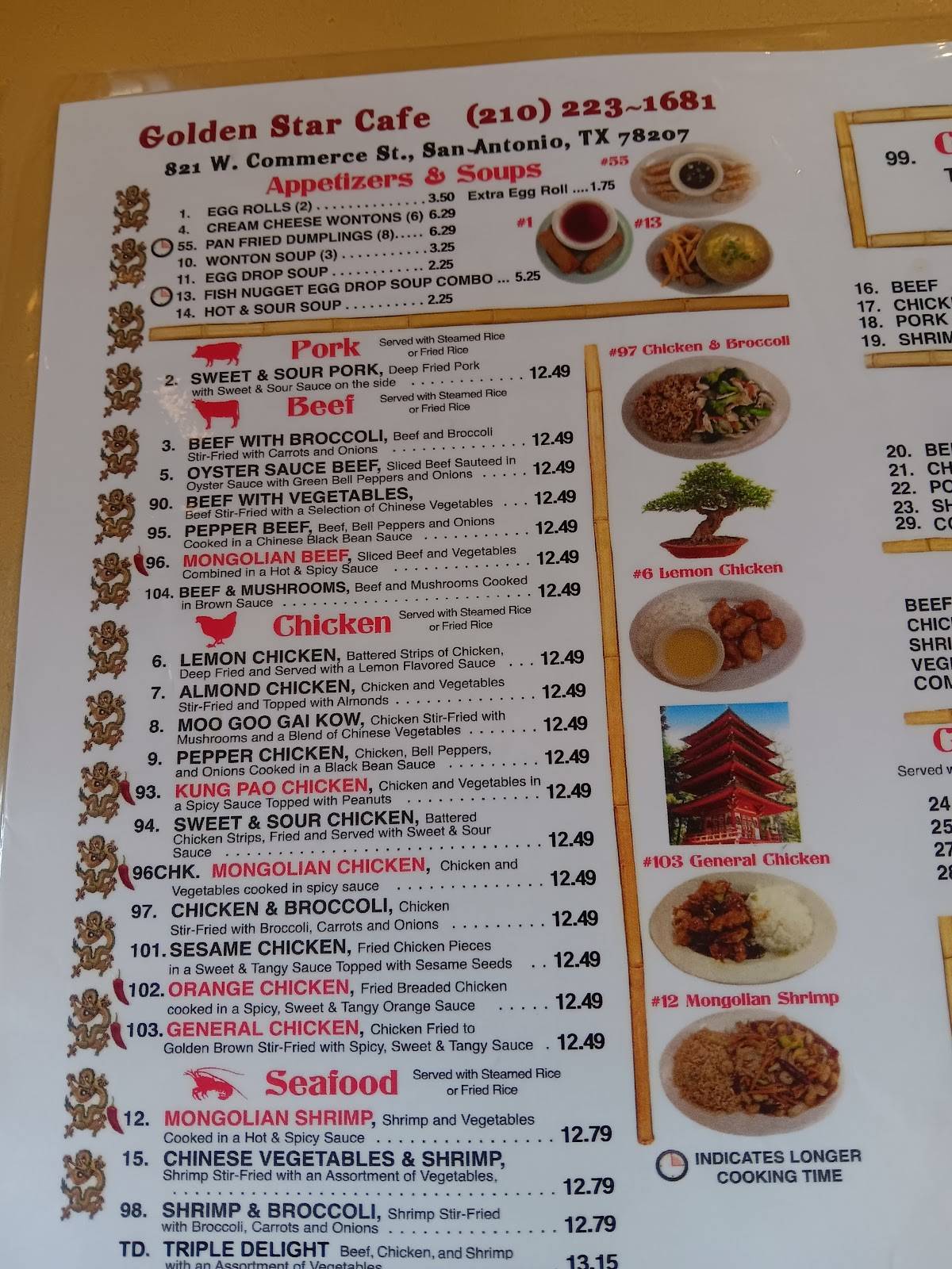 Menu at Golden Star Cafe, San Antonio