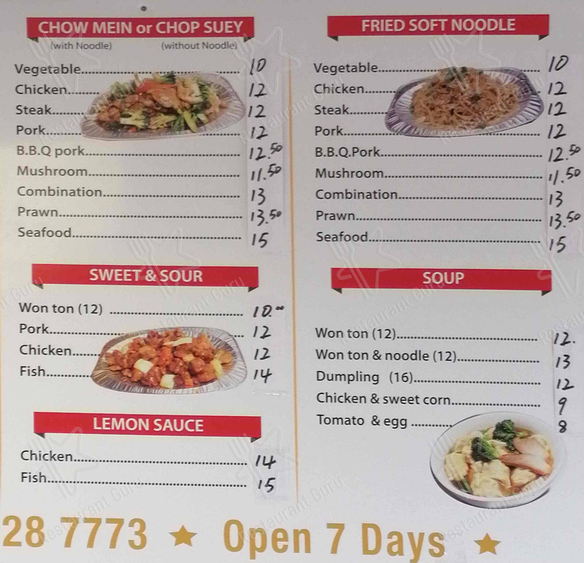 Menu at Golden Yellow Chinese Takeaway fast food, Auckland
