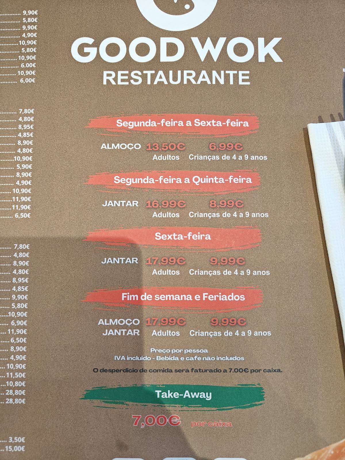 Menu em Good Wok restaurante, Portugal
