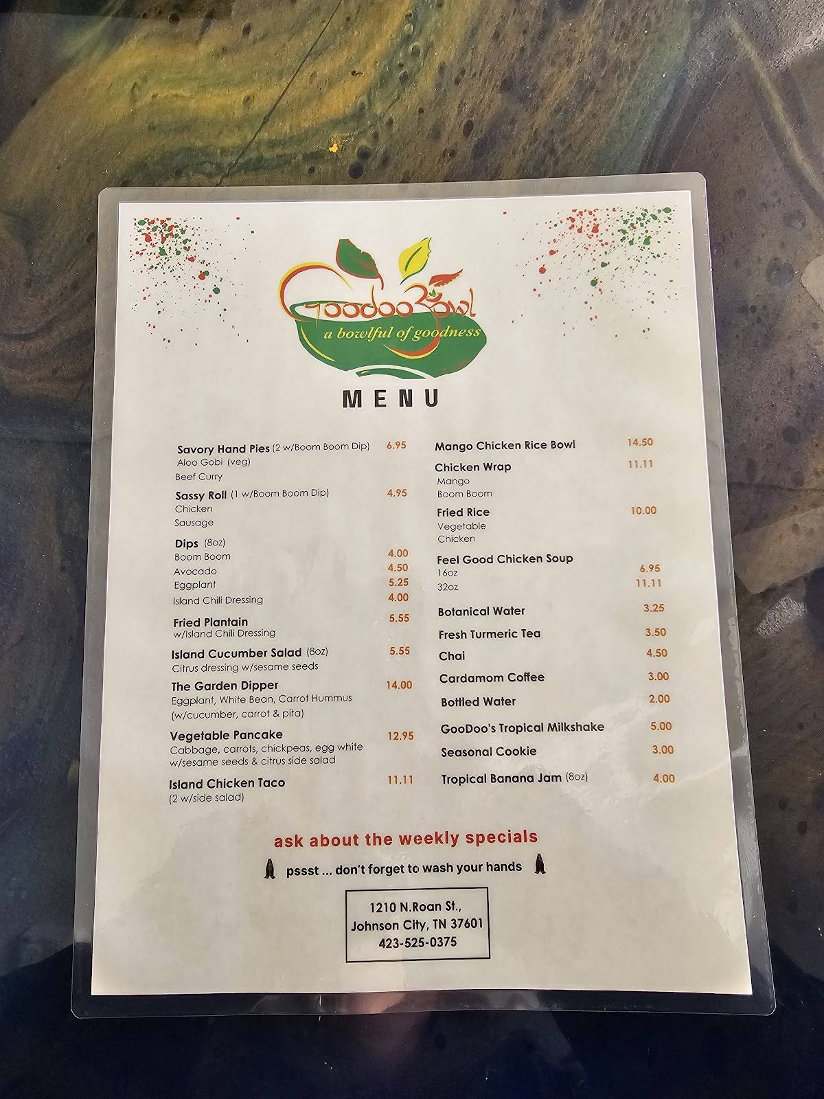 Menu at Goodoo Bowl restaurant, Johnson City