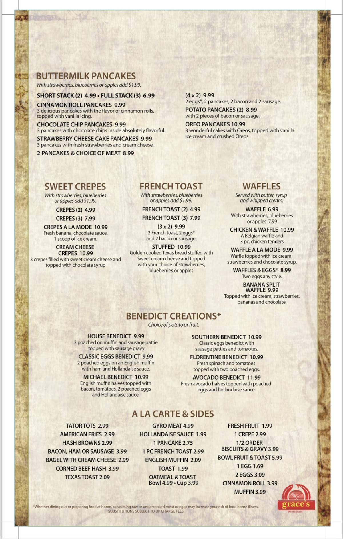 Menu at Grace's Restaurant, Wisconsin Rapids