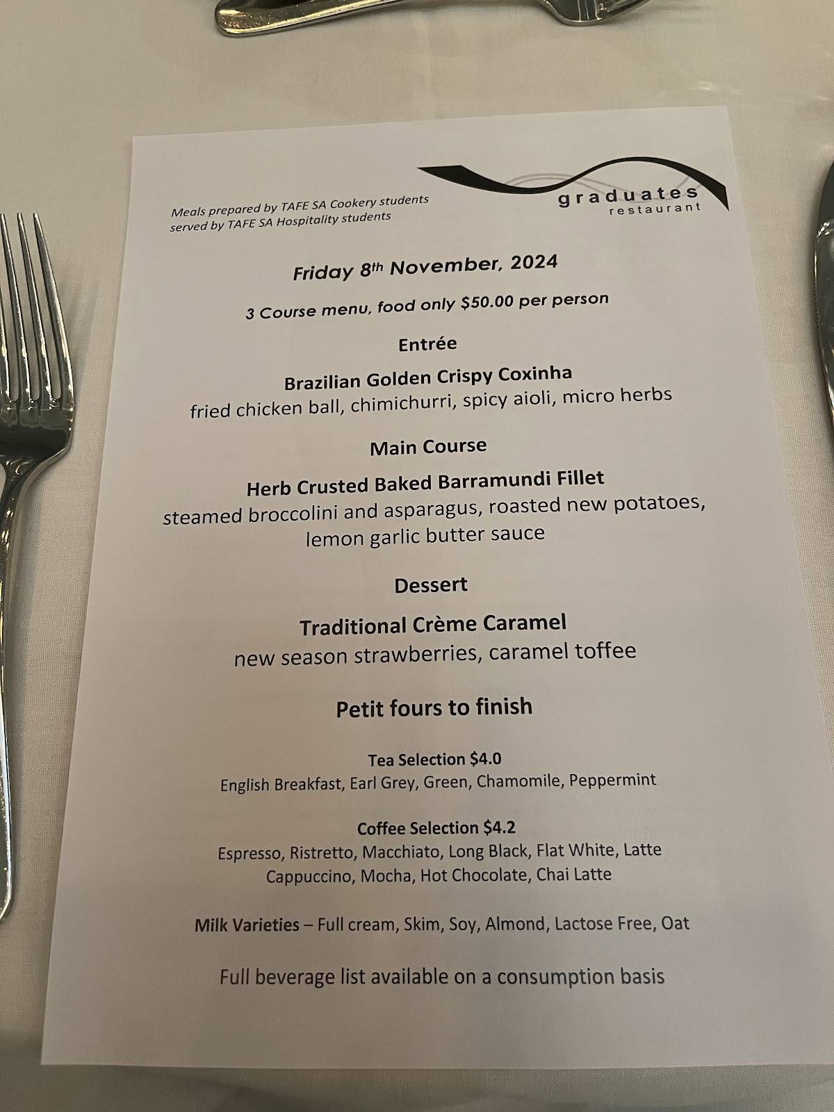 Menu at Graduates Restaurant - TAFE SA, Regency Park