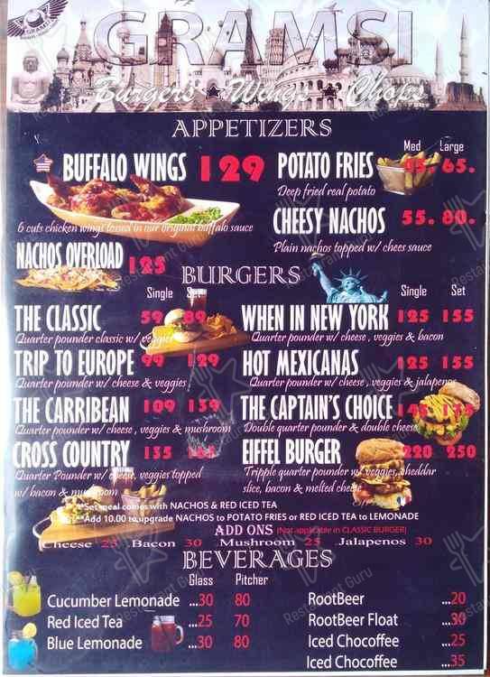 Menu at Gramsi Burgers, Wings & Chops - Manila Branch restaurant, Manila