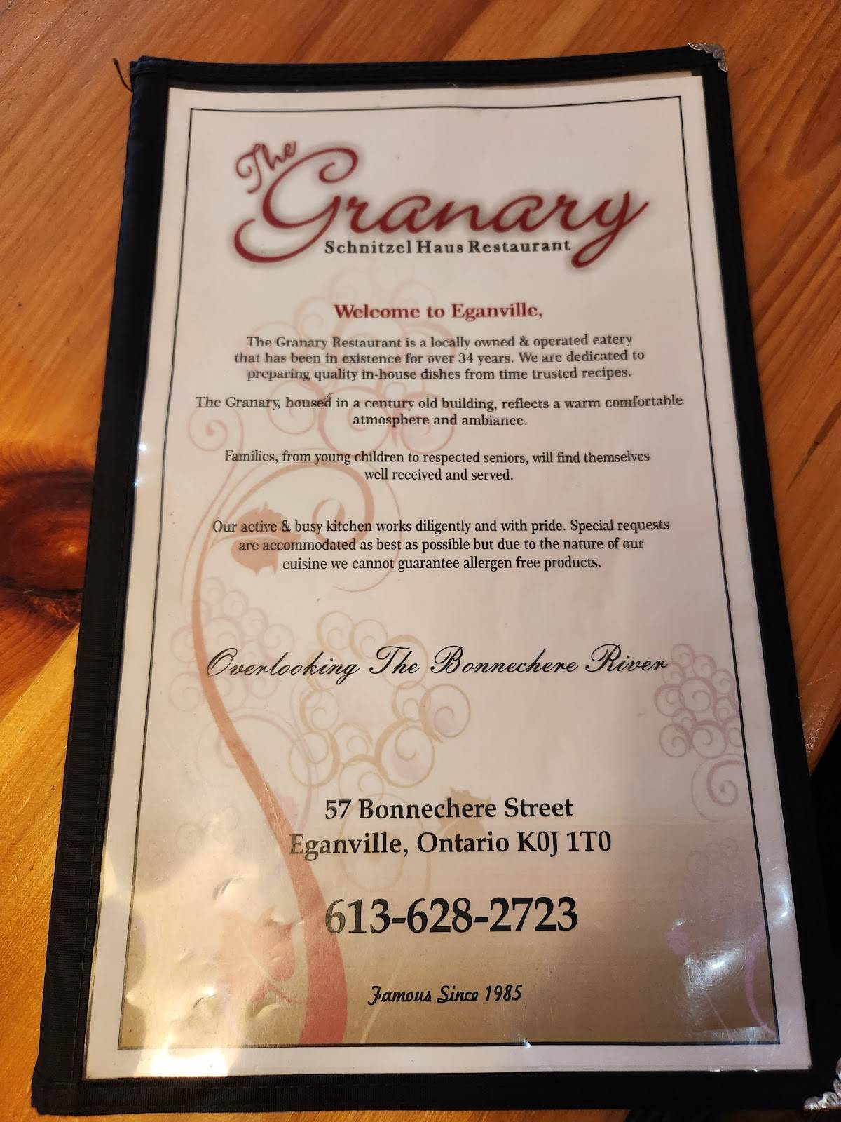 Menu at Granary Schnitzel House Restaurant, Eganville