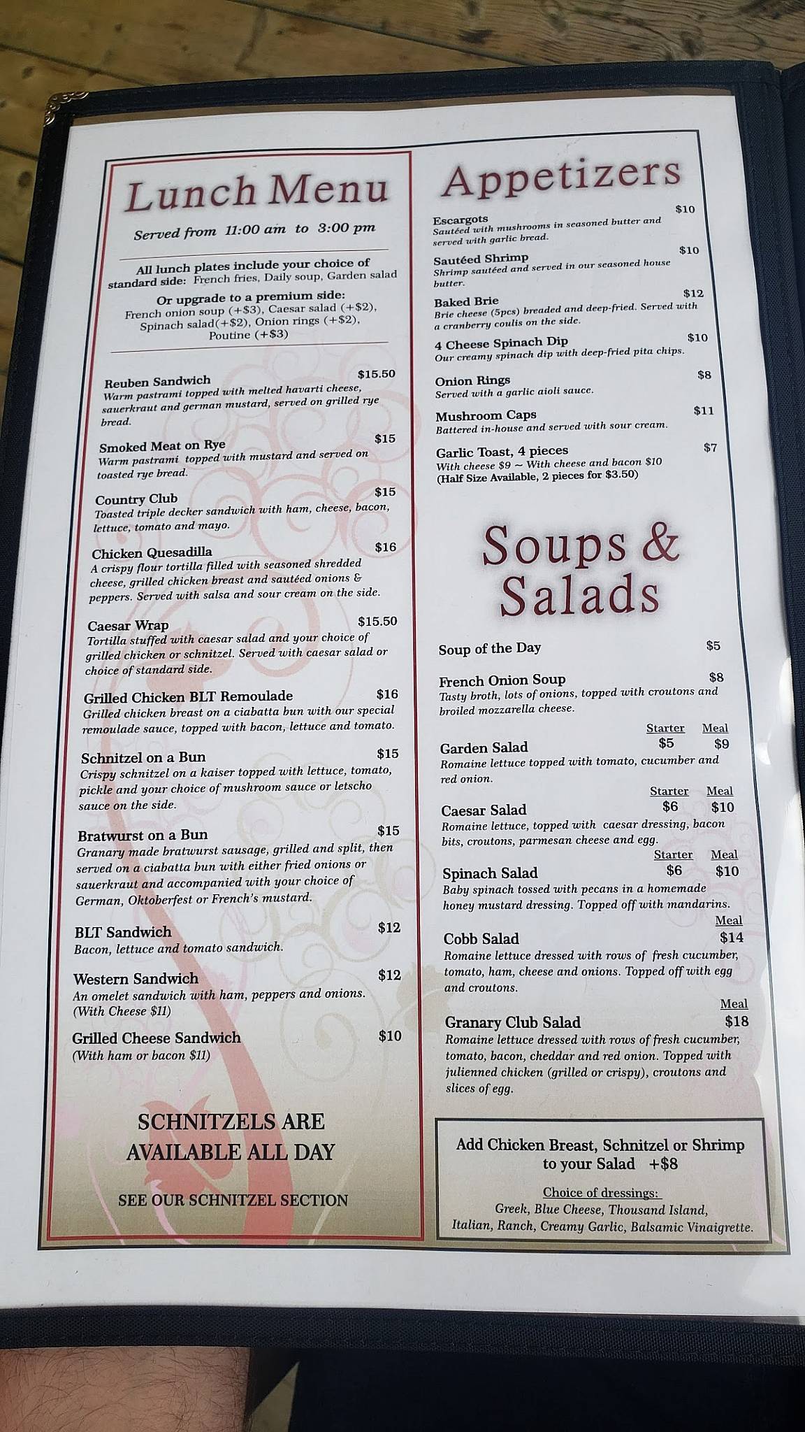 Menu at Granary Schnitzel House Restaurant, Eganville