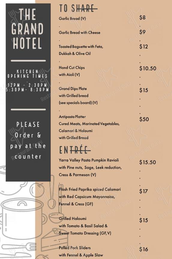 Menu at Grand Hotel Healesville - The Local pub & bar, Healesville