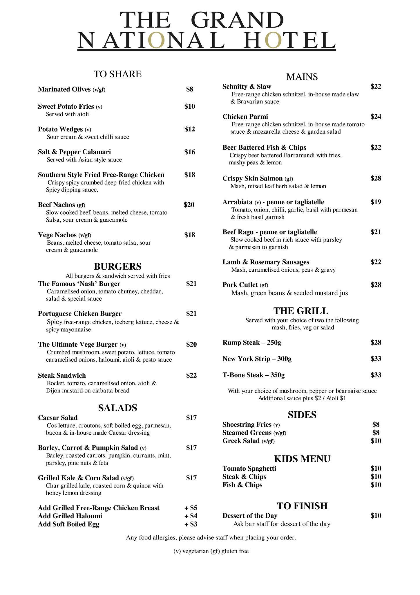 Menu at Grand National Hotel restaurant, Paddington