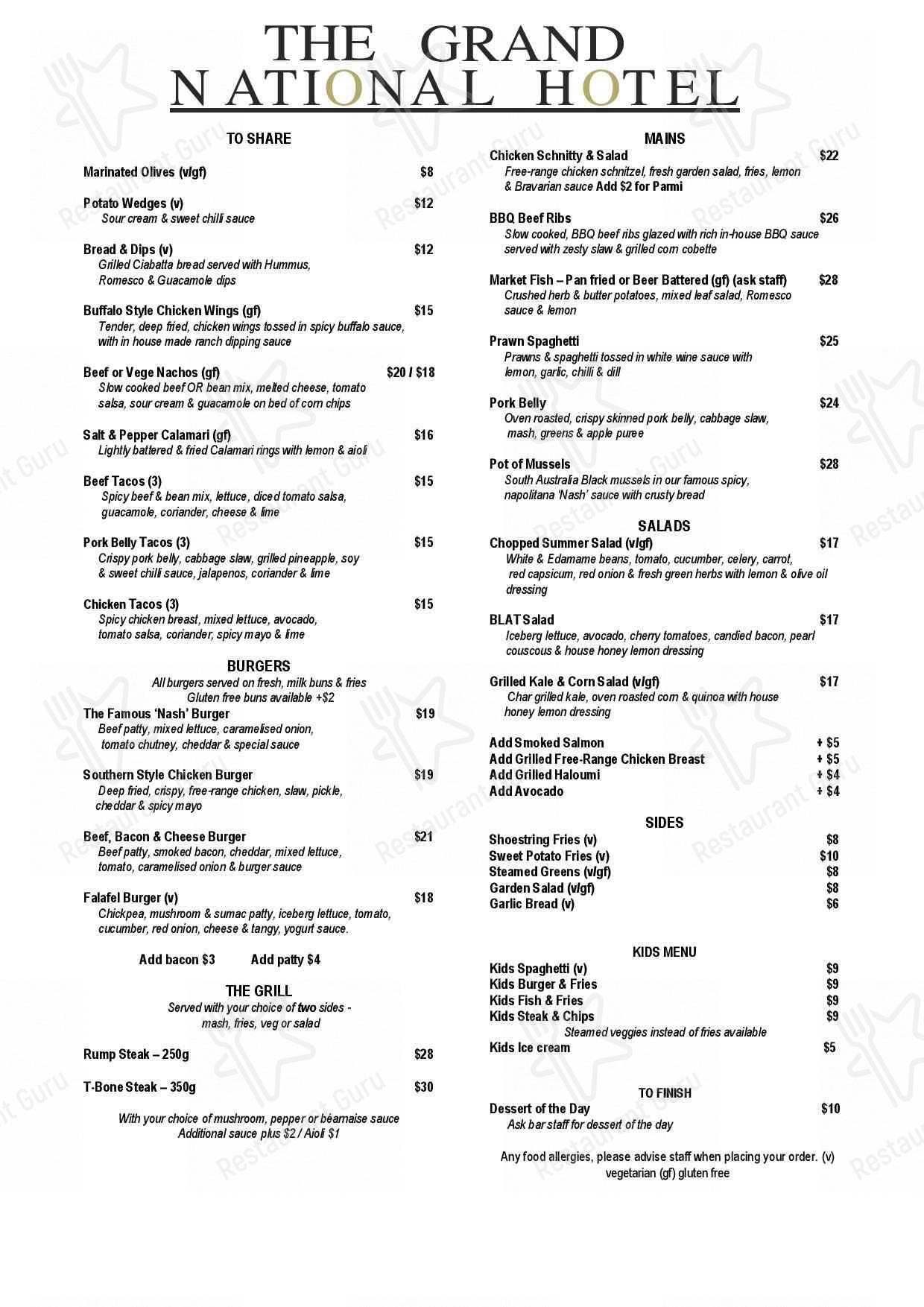 Menu at Grand National Hotel restaurant, Paddington