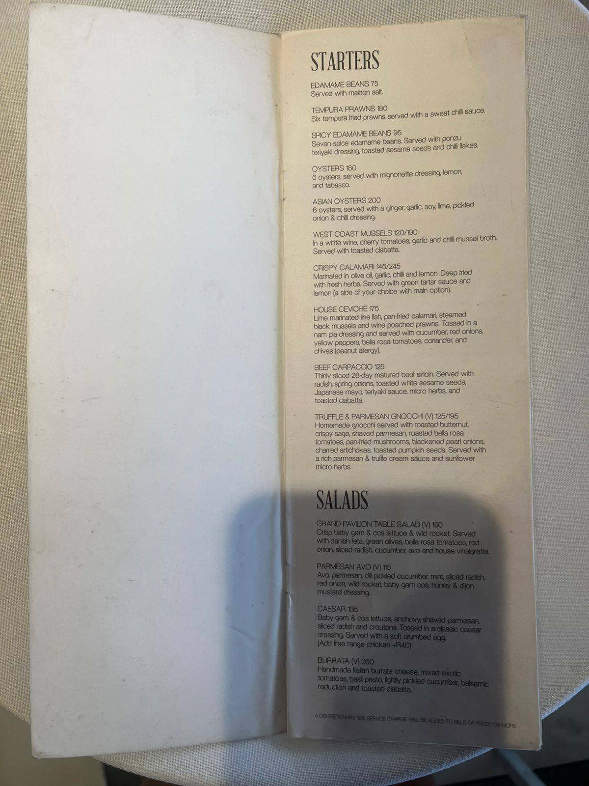 Menu at Grand Pavilion restaurant, Cape Town