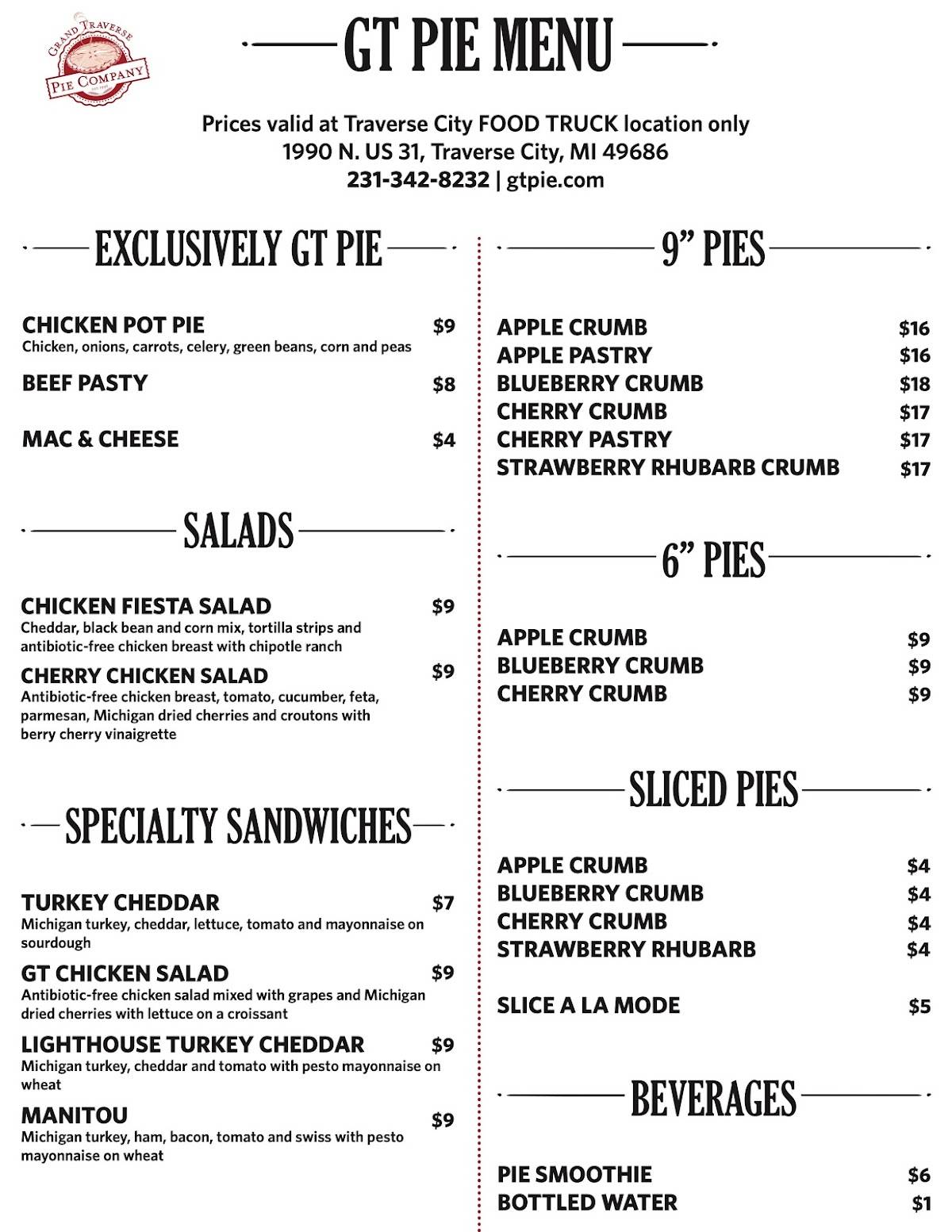 Menu at Grand Traverse Pie Co Food Truck restaurant, Traverse City