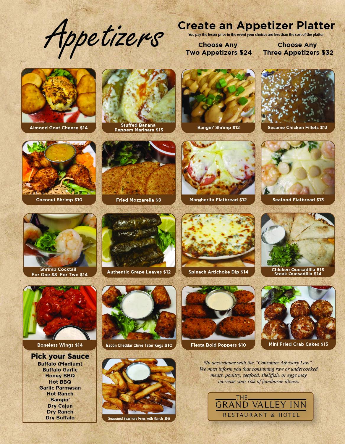 Menu at Grand Valley Inn restaurant, New Brighton