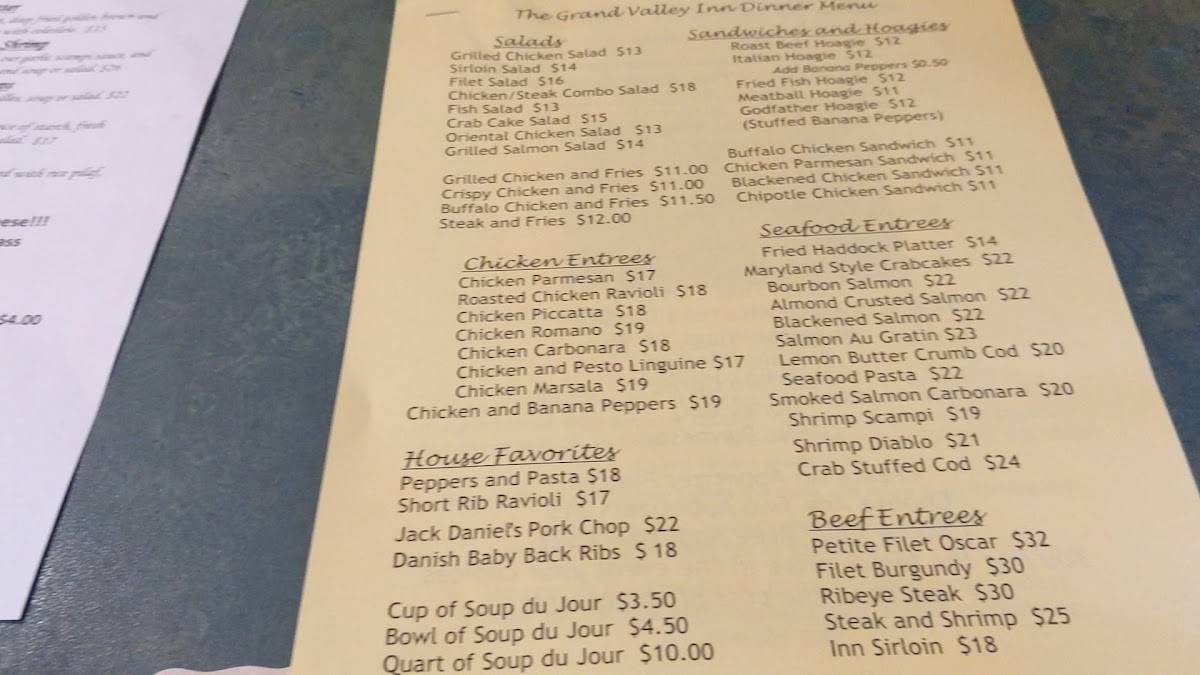 Menu at Grand Valley Inn restaurant, Fallston
