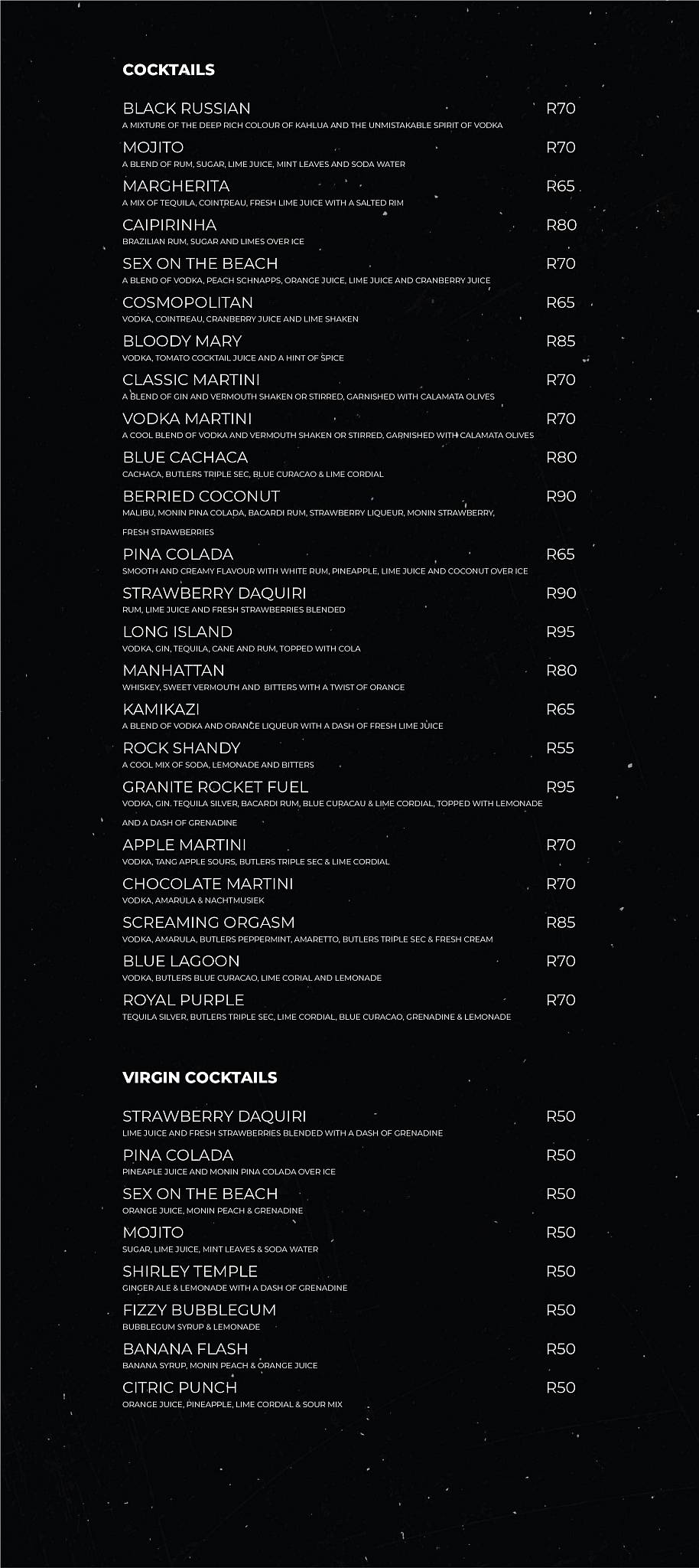 Menu at Granite Lounge restaurant, Midrand