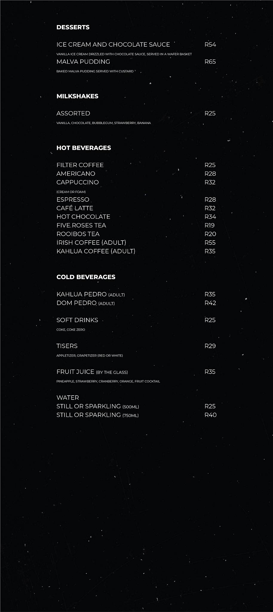 Menu at Granite Lounge restaurant, Midrand