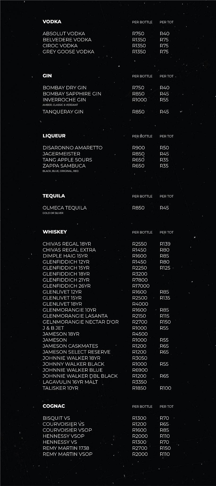 Menu at Granite Lounge restaurant, Midrand