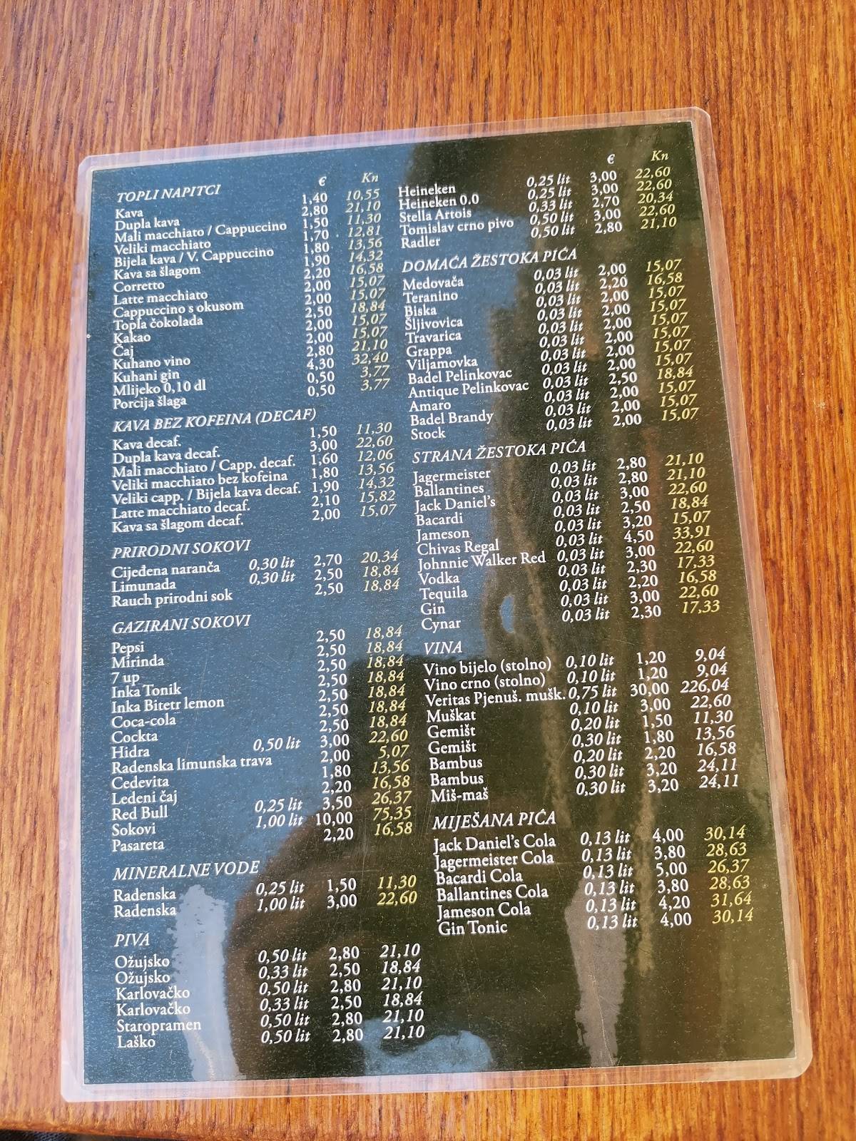 Menu at Green Bar, Umag