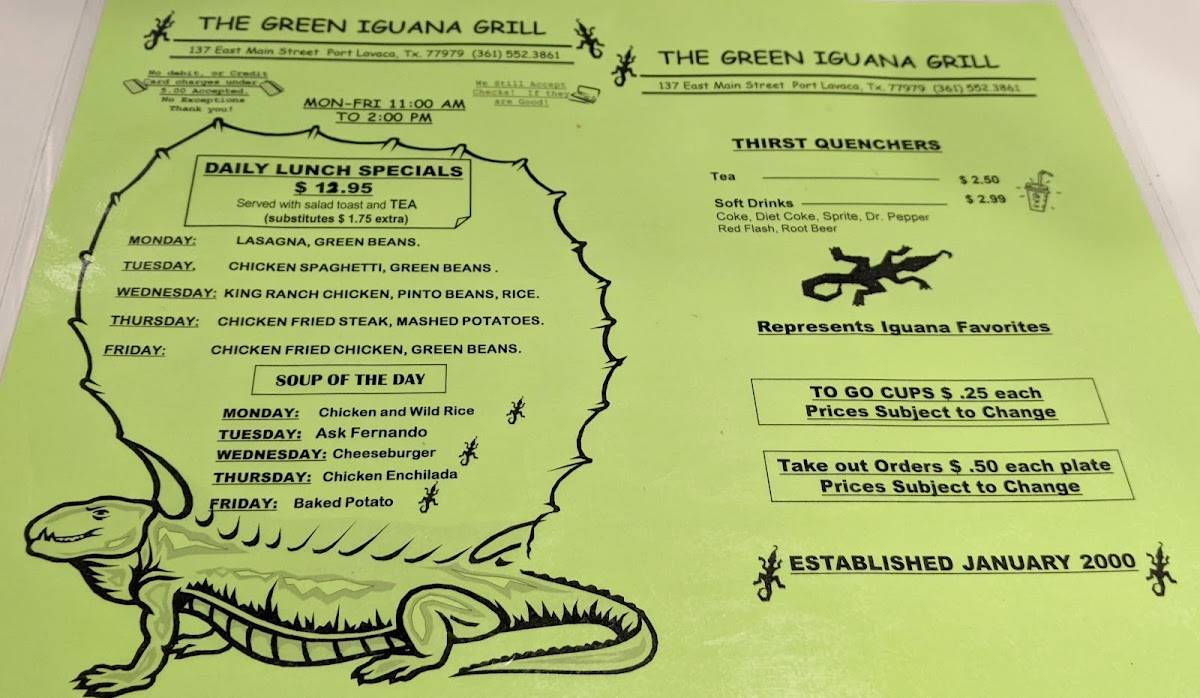 Menu at Green Iguana Grill restaurant, Port Lavaca