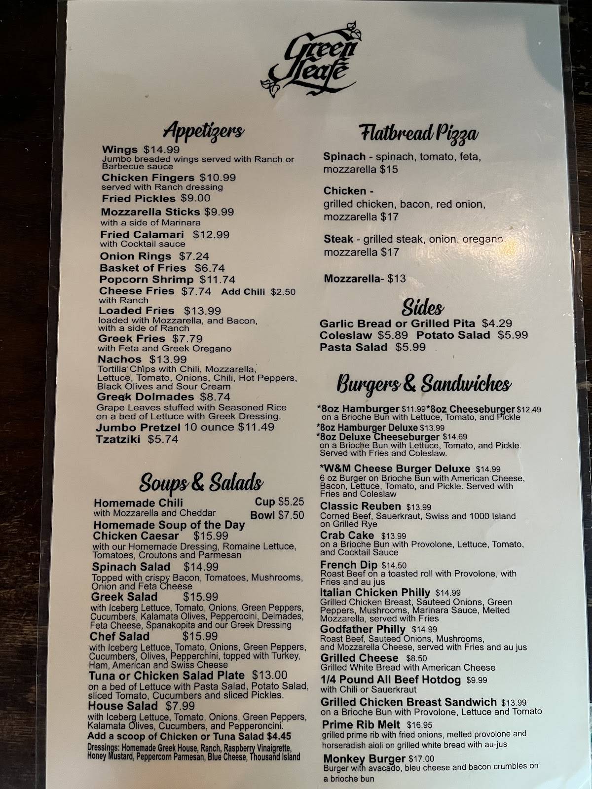 Menu at Green Leafe Cafe, Williamsburg, 765 Scotland St
