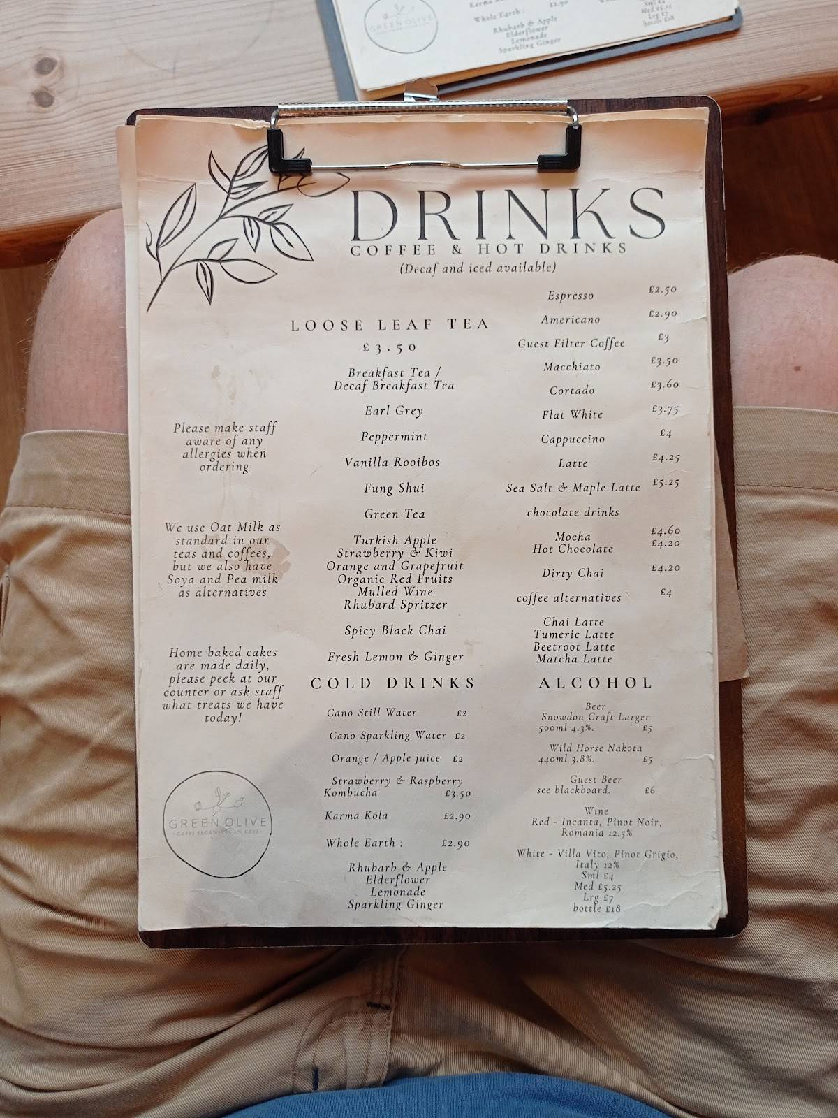 Menu at Green Olive cafe, Menai Bridge