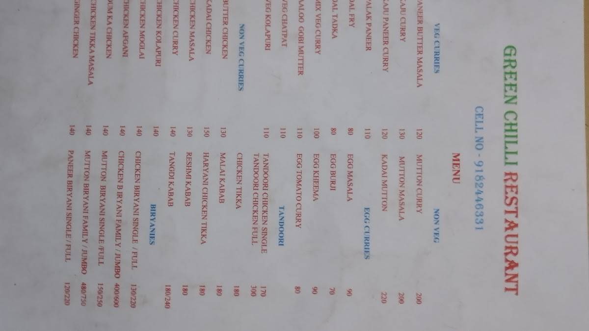 Menu at Green chilli Restaurant, Hyderabad