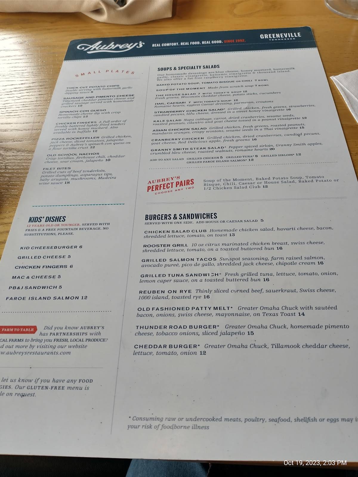 Menu at Aubrey's Greeneville TN pub & bar, Greeneville