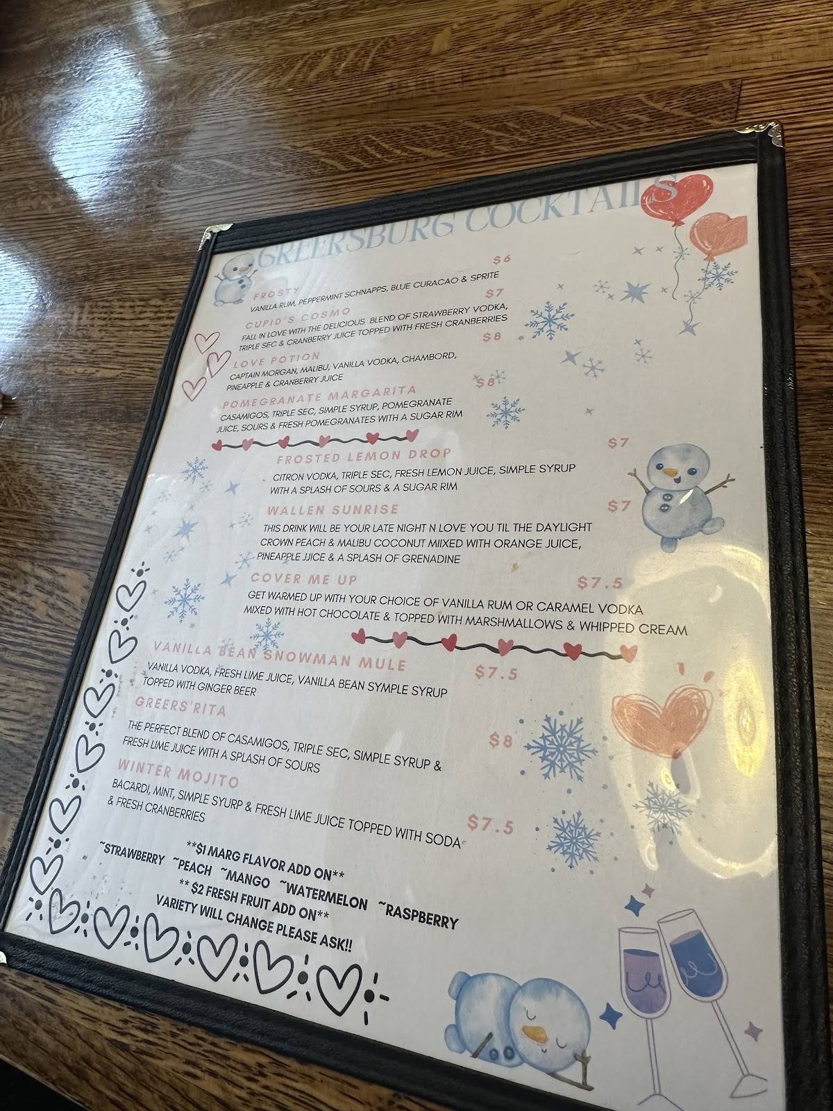 Menu at Greersburg Tavern restaurant, Darlington