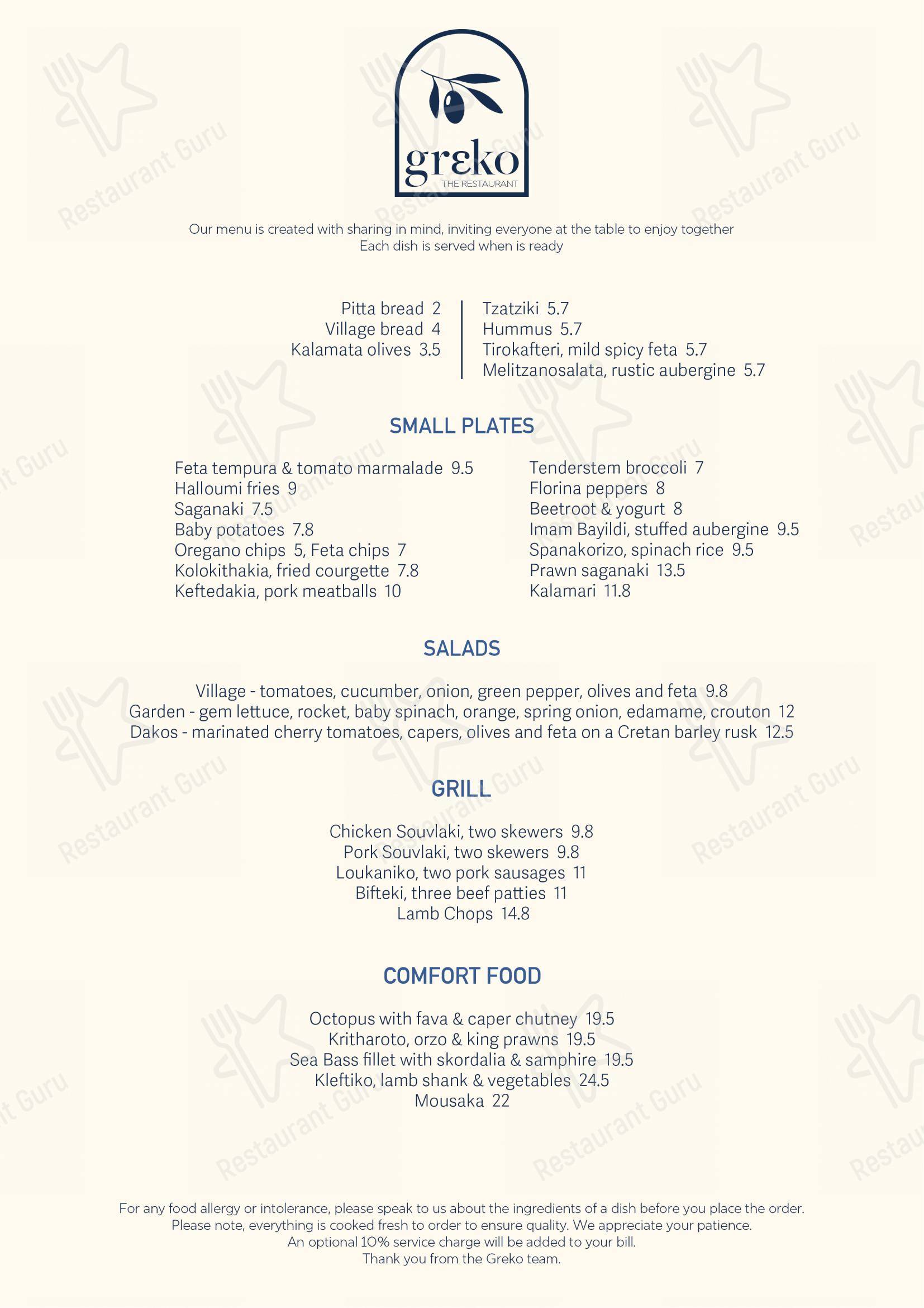 Menu at Greko Beverley restaurant, Beverley