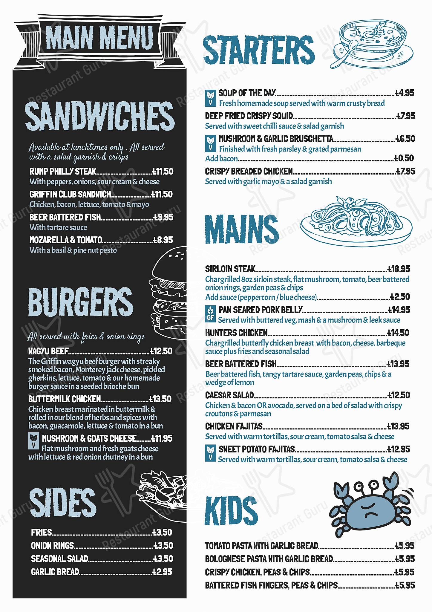 Menu at Griffin Newquay pub & bar, Newquay