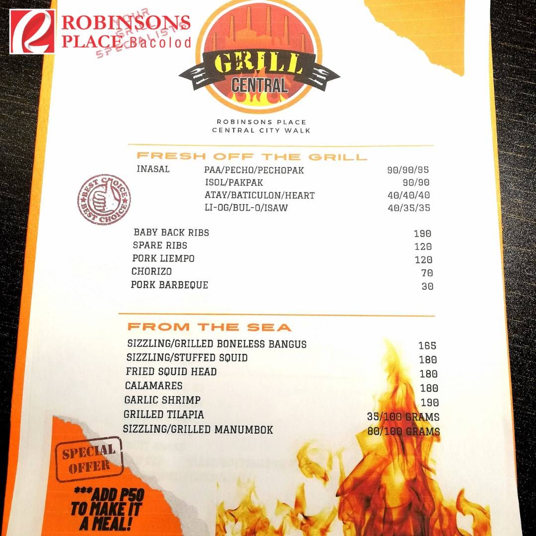 Carta del restaurante Grill Central, Bacolod, MXR5+R36