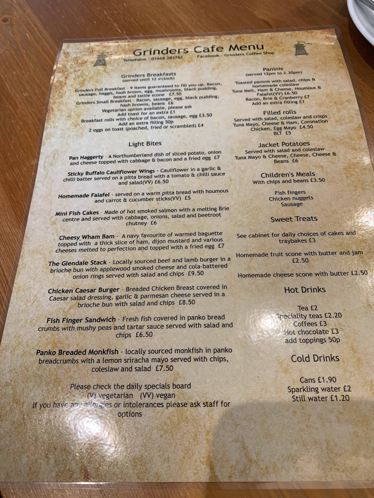 Menu at Grinders Coffee Shop cafe, Wooler