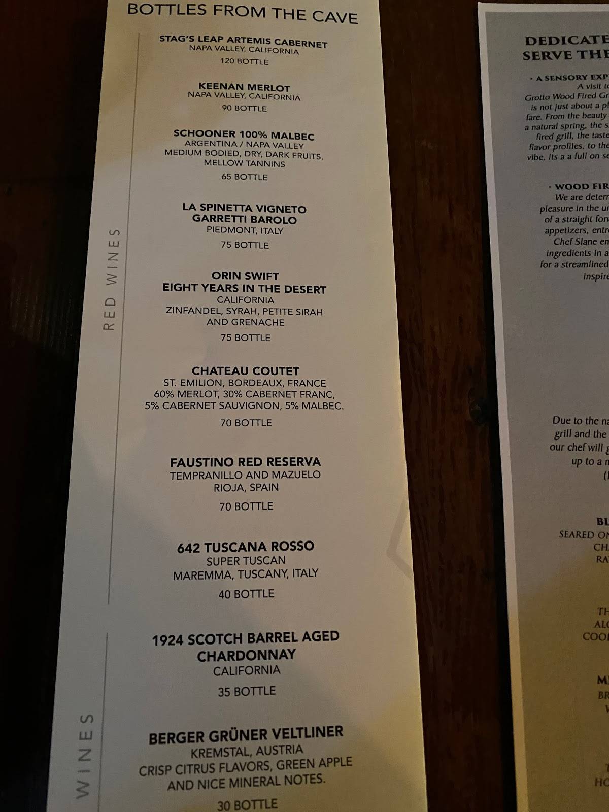 Menu at Grotto Wood-Fired Grill and Wine Cave pub & bar, Eureka Springs