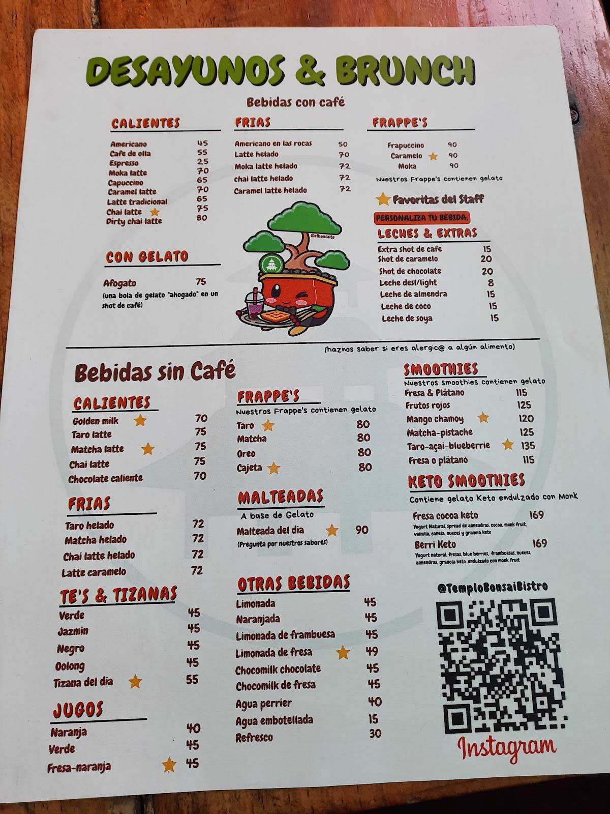 Carta de Templo Bonsai Café Providencia, Guadalajara