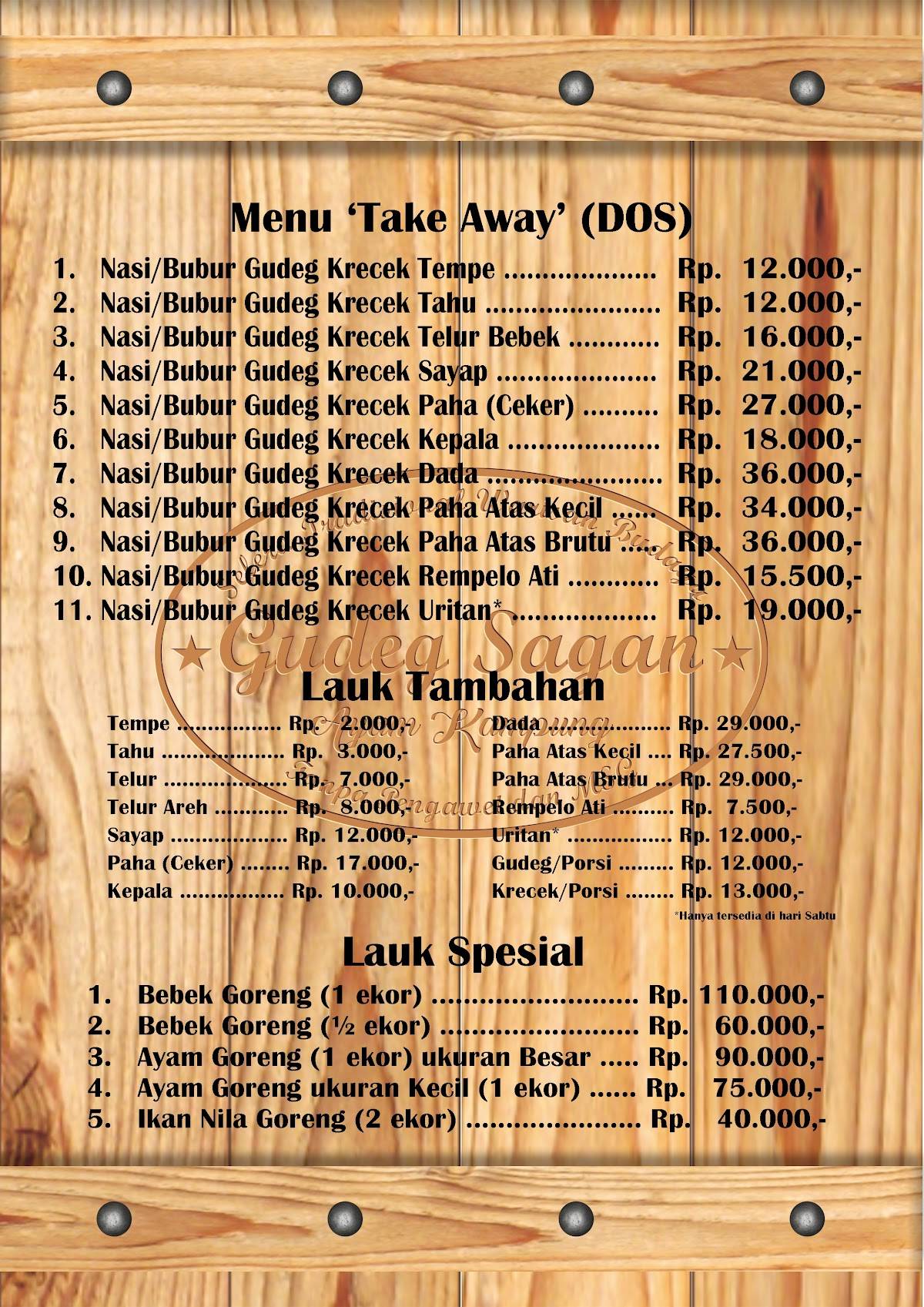 Menu at Gudeg Sagan restaurant, Sendangadi, JL Prof. Dr Jl. Prof ...