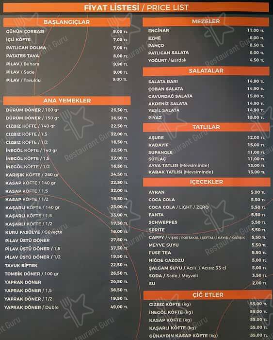 Menu at Gunaydin Kofte & Doner, Istanbul, Nisbetiye Cd No:104 D:F