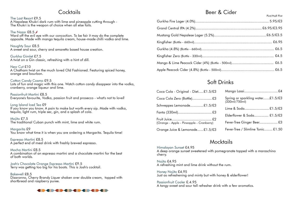Menu at Gurkha Fire restaurant, Chatham