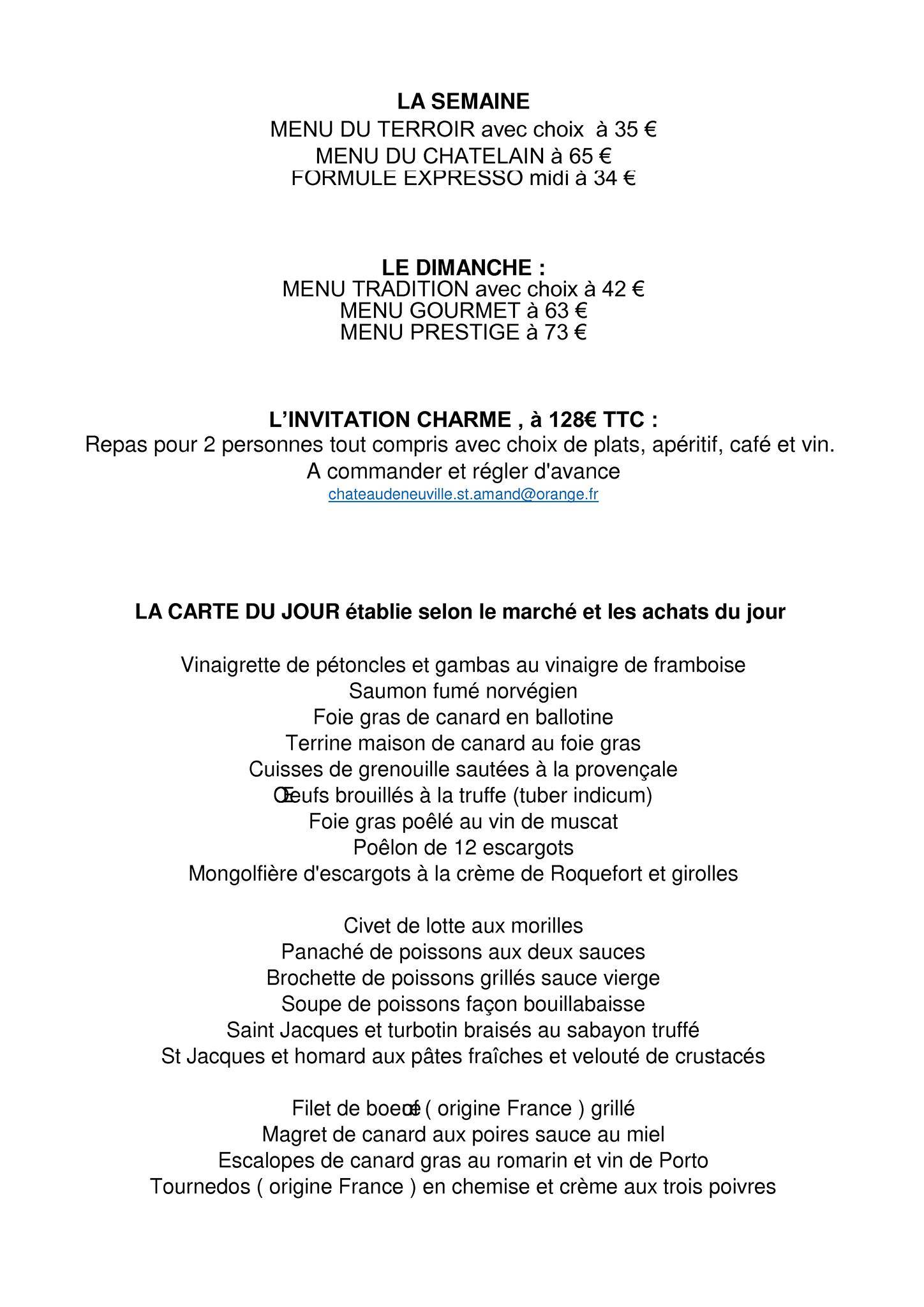 Menu au Hôtel Restaurant Le Château - Saint Quentin, Neuville-Saint-Amand