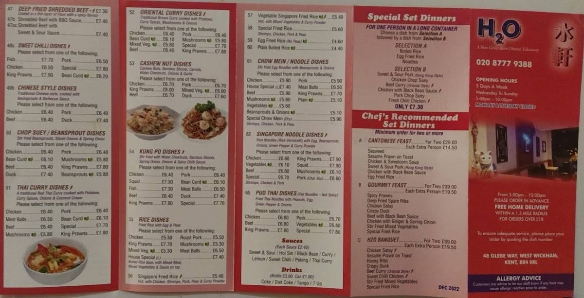 Menu at H20 fast food, West Wickham, 48 Glebe Way