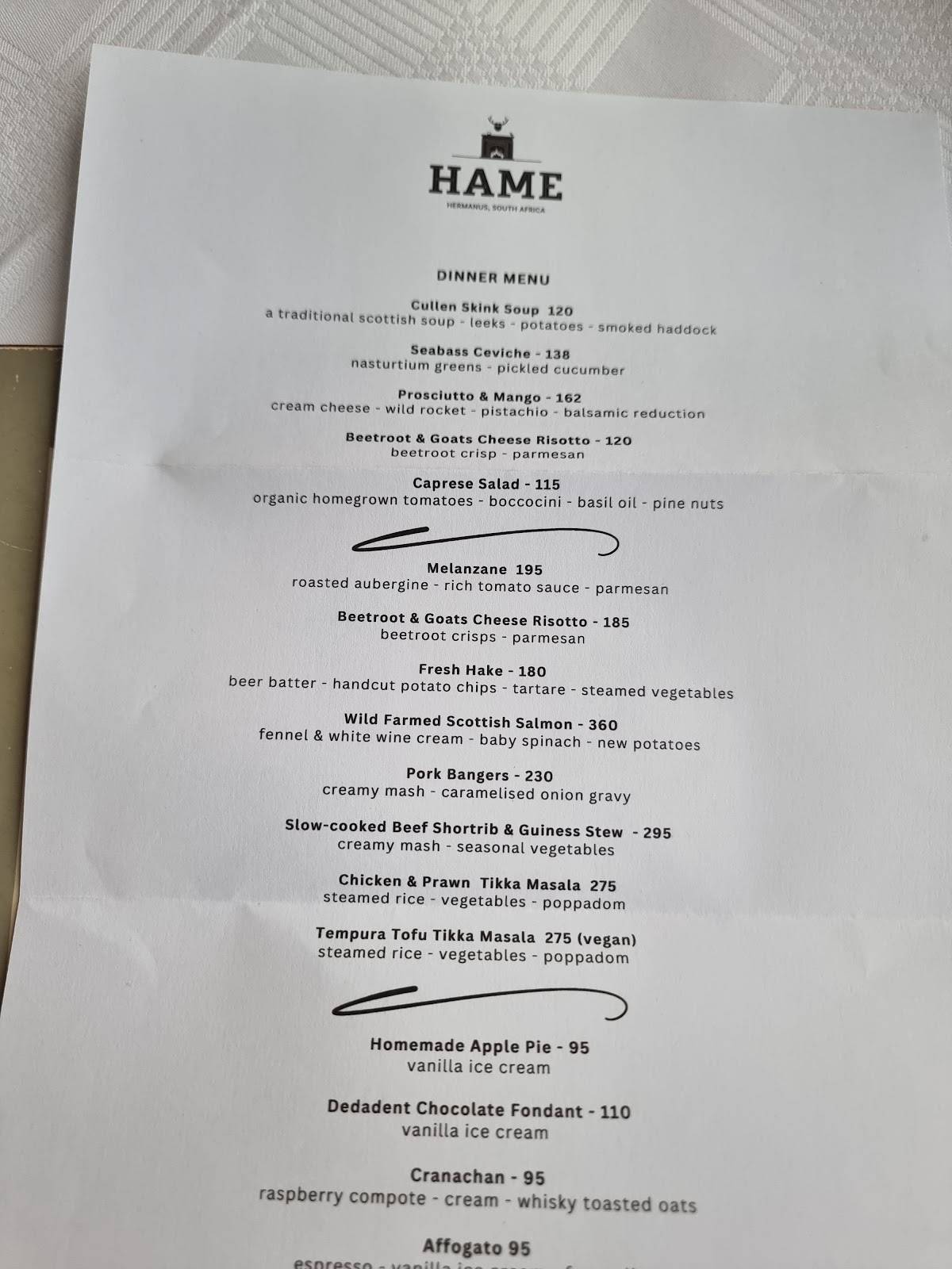 Menu at HAME restaurant, Hermanus