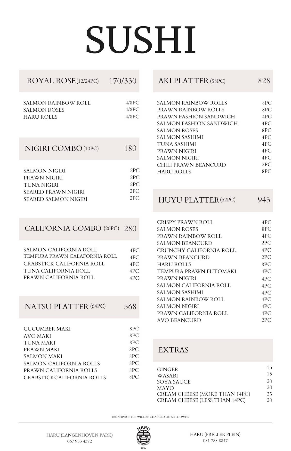 Menu at HARU Sushi & Bubble Tea Preller restaurant, Bloemfontein