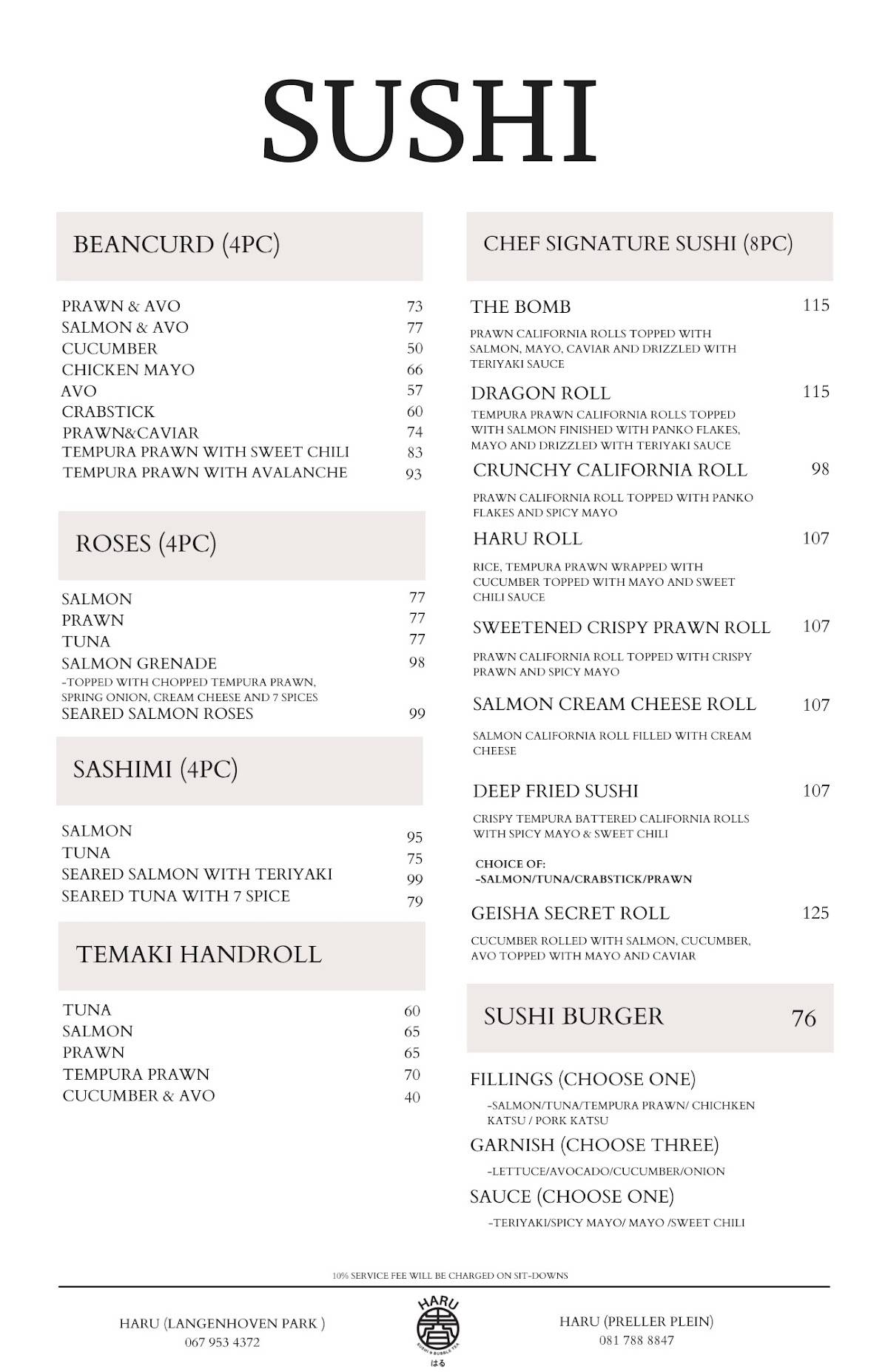 Menu at HARU Sushi & Bubble Tea Preller restaurant, Bloemfontein