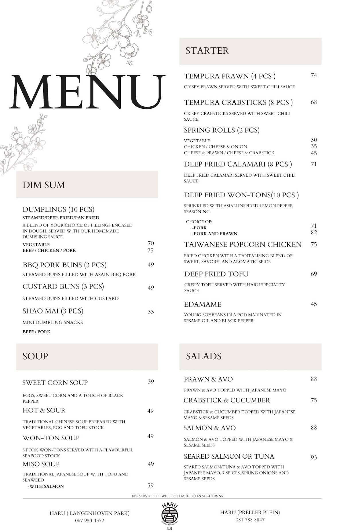 Menu at HARU Sushi & Bubble Tea Preller restaurant, Bloemfontein
