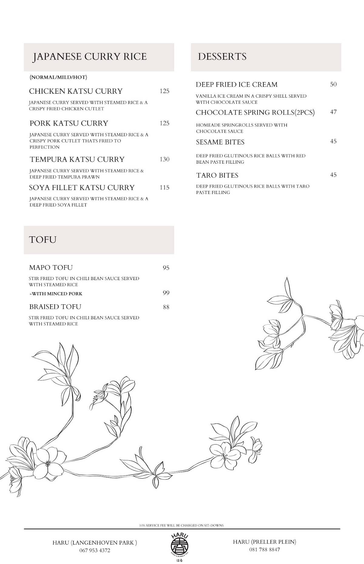 Menu at HARU Sushi & Bubble Tea Preller restaurant, Bloemfontein