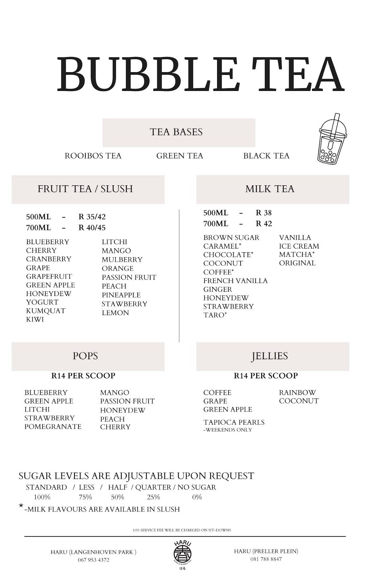 Menu at HARU Sushi & Bubble Tea Preller restaurant, Bloemfontein