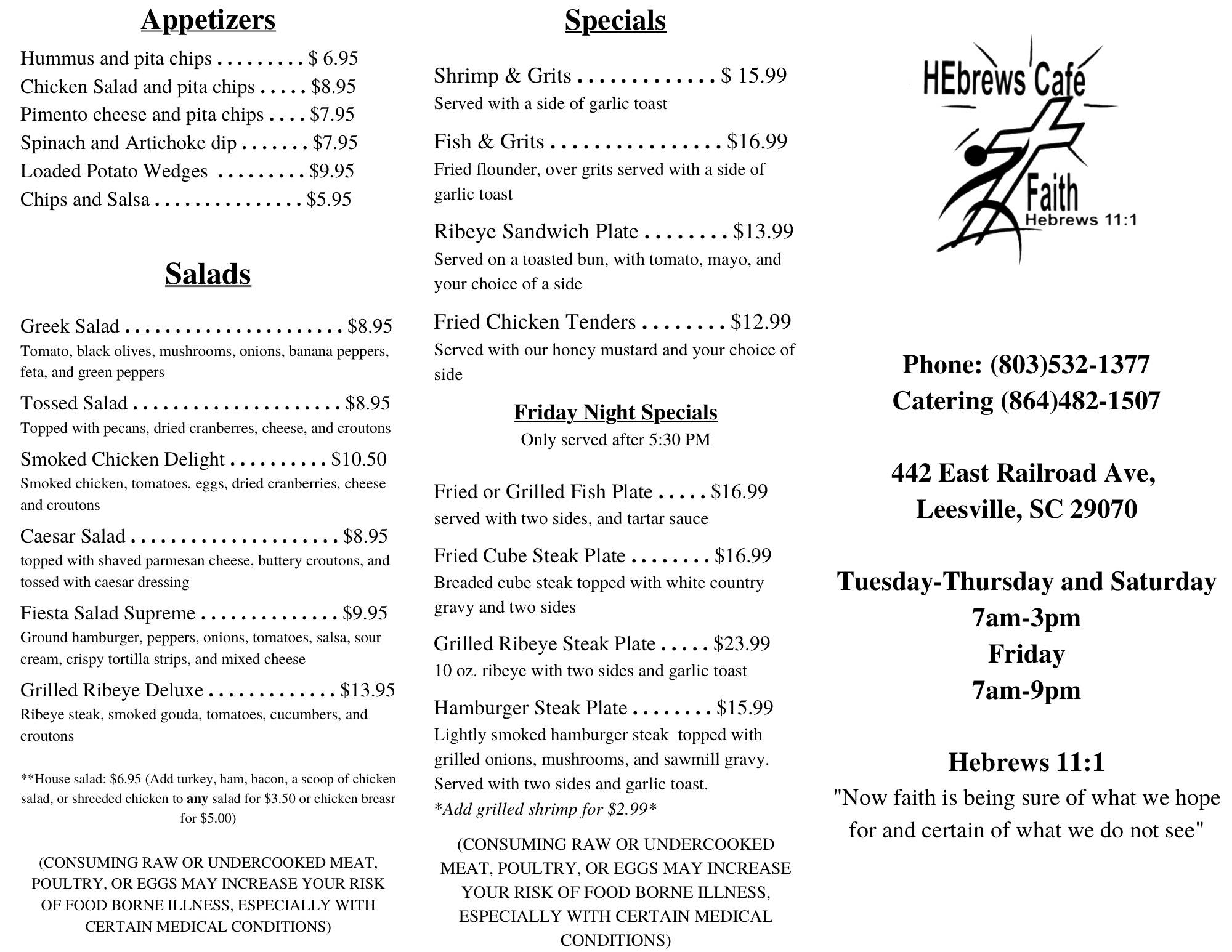 Menu at HEbrews Café cafe, Batesburg-Leesville